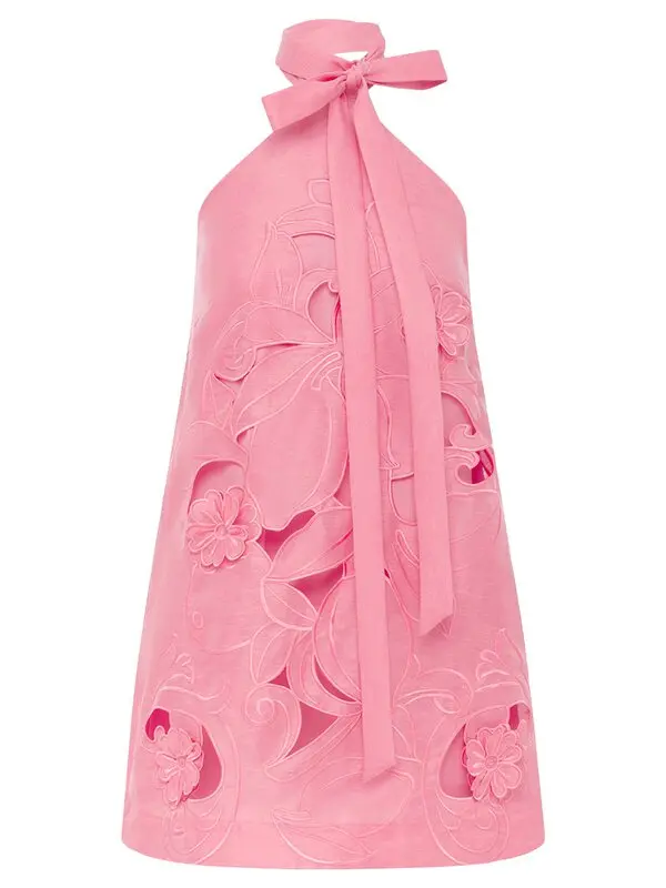 LEO LIN Lola Floral-appliquéd Linen-blend Halter Mini Dress - Pink