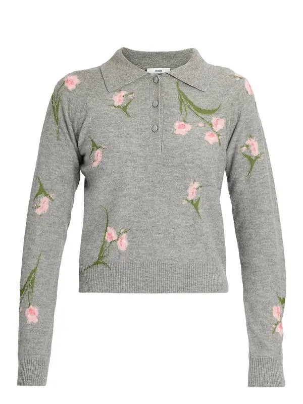 Erdem Merino Wool Floral-knit Polo Sweater - Grey
