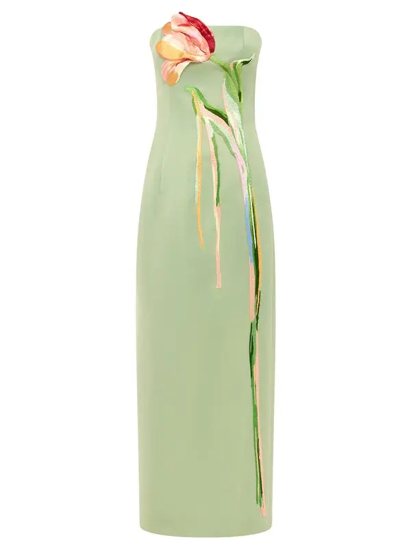 LEO LIN Floral-embroidered Maxi Dress - Green