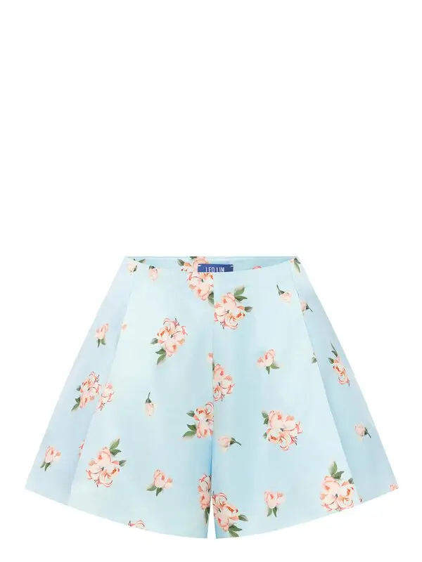 LEO LIN Floral-print High-waisted Cotton-silk Shorts - Light Blue