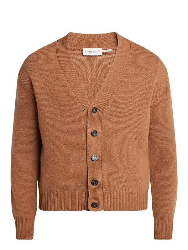 Moncler Leather Logo Wool Knit Cardigan - Camel