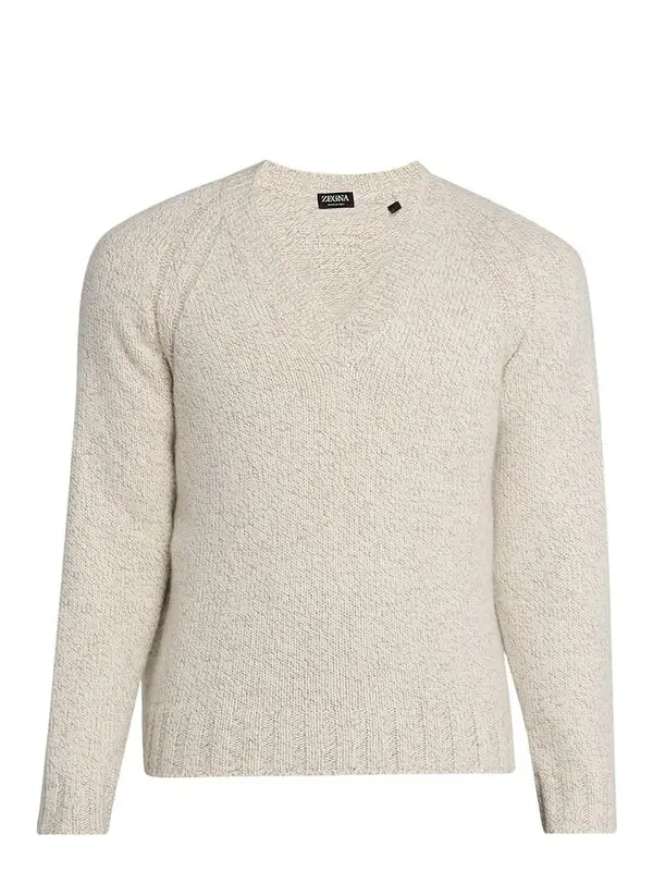 Zegna Cashmere And Wool Chunky Knit V-neck Sweater - Lt Bge Sld