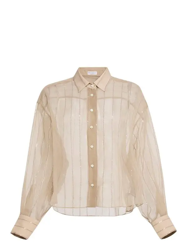 Brunello Cucinelli Striped Paillette Crispy Silk Chiffon Button-down Blouse - C9447 Nutshell