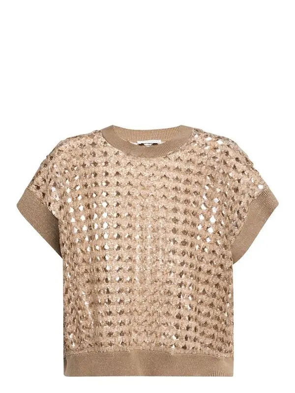 Brunello Cucinelli Short-sleeve Paillette Open Knit Sweater - Cvd31 Camel