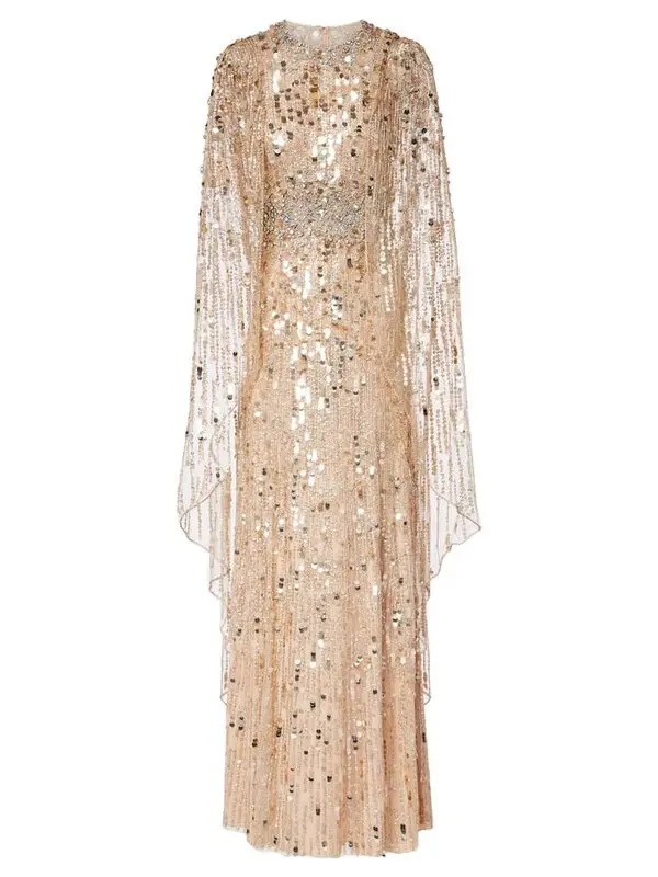 Jenny Packham Honey Dew Caped Embellished Gown - Pink