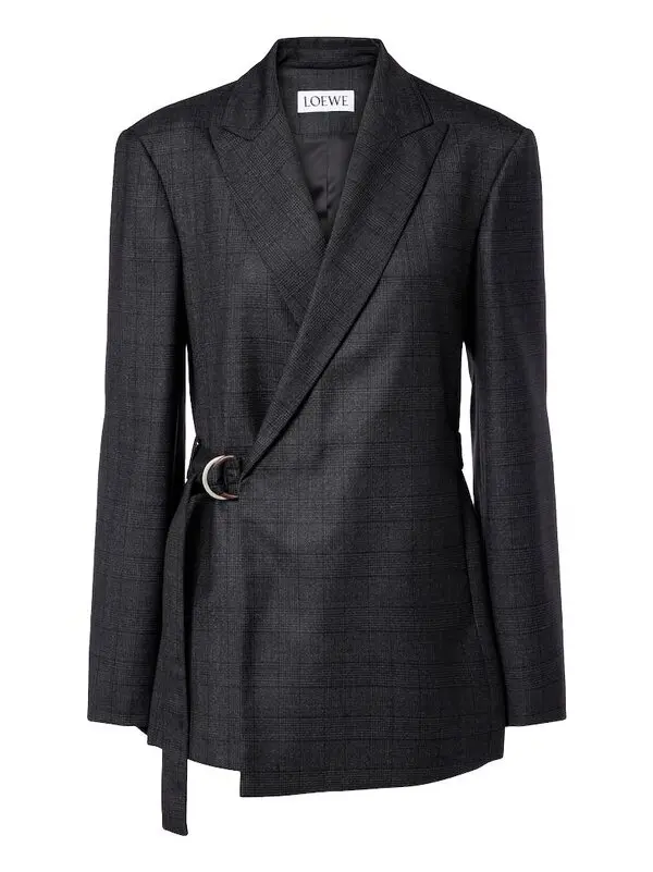 Loewe Prince Of Wales Check Wool Wrap Blazer - Grey