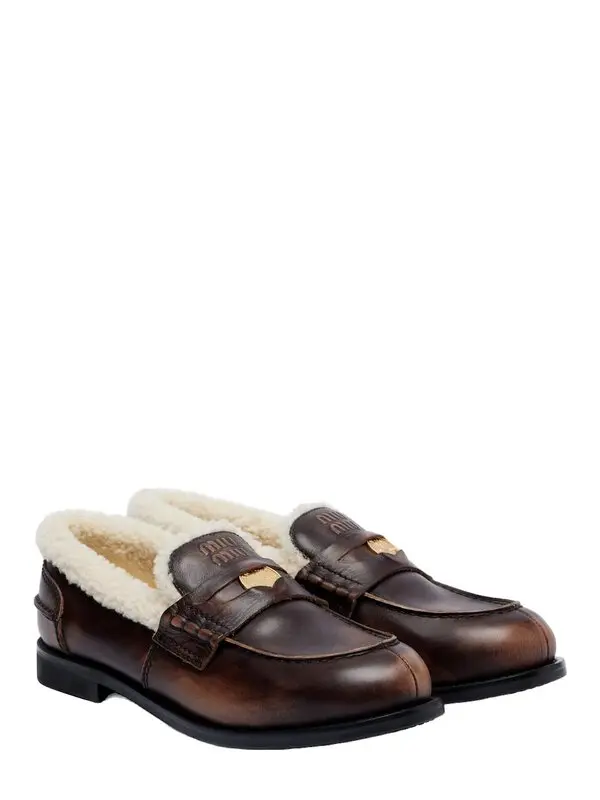 Miu Miu Shearling-lined Leather Penny Loafers - Brown