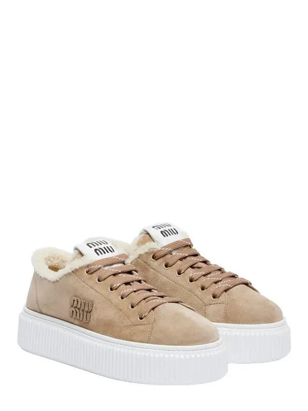 Miu Miu Shearling-lined Suede Platform Sneakers - Brown