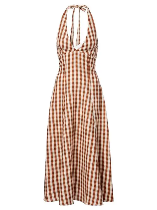 Faithfull The Brand Marais Gingham Halterneck Linen Midi Dress - Brown