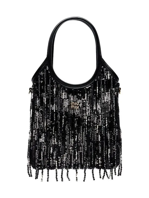 Miu Miu Embellished Fringed Satin Shopper - Black