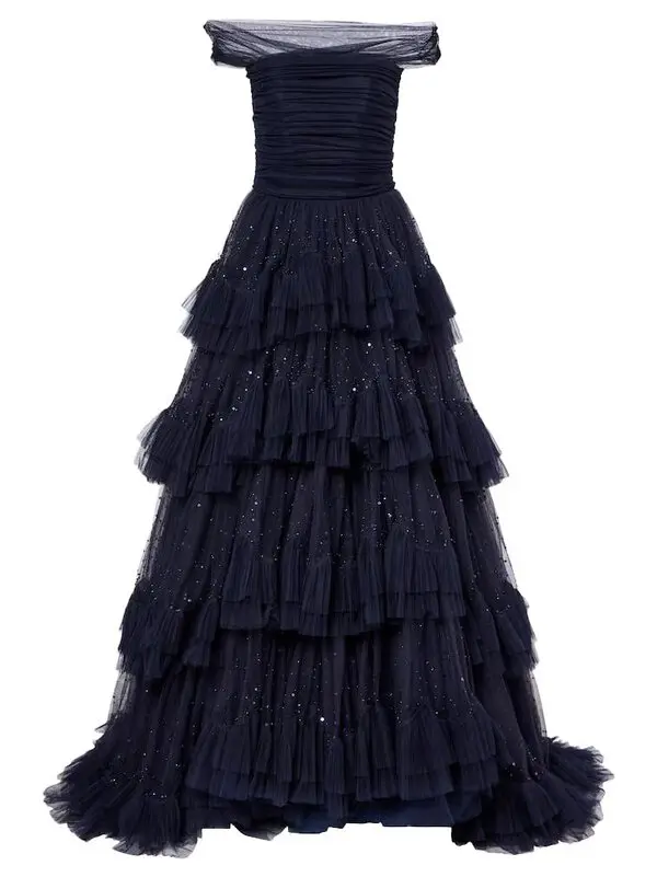 Jenny Packham Embellished Tiered Tulle Gown - Blue
