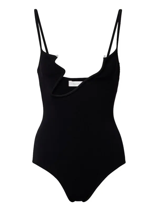 Christopher Esber Odessa Cutout Embellished Ribbed-knit Bodysuit - Black