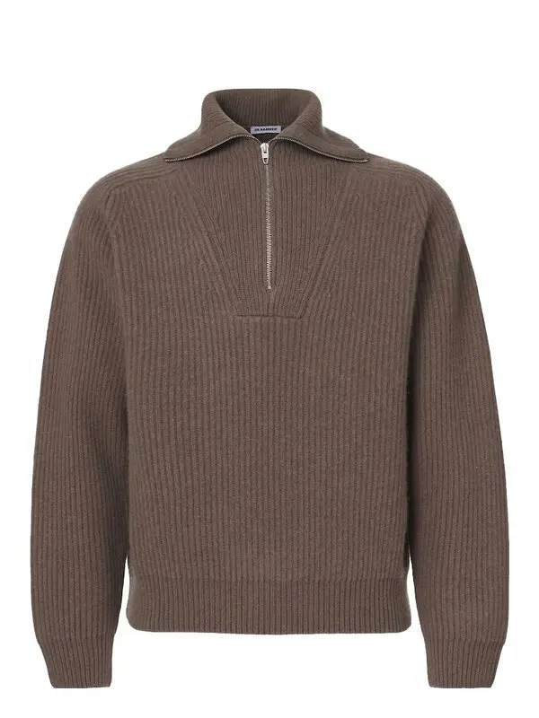JIL SANDER Ribbed Wool Sweater With Partial Zip - Brown