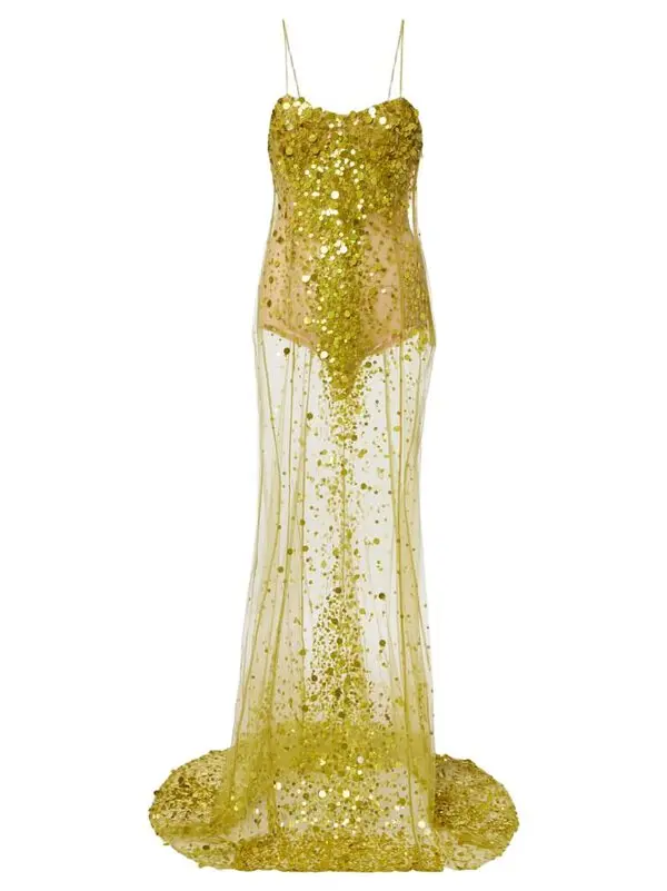 Attico Sequined Sheer Mesh Gown - Green