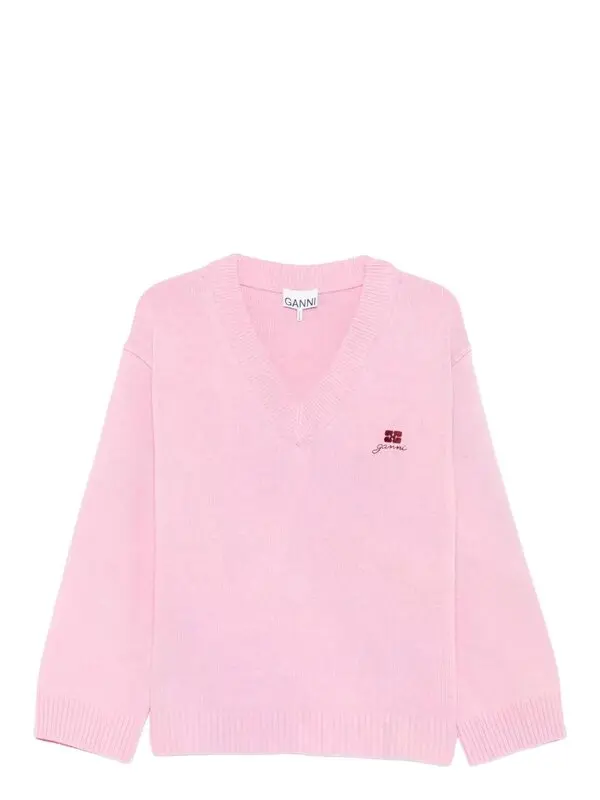 GANNI V-neck Embroidered Sweater - Pink