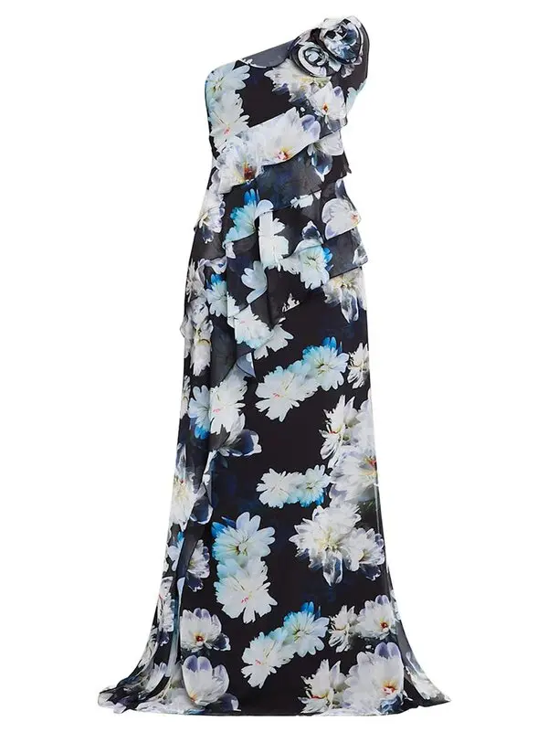 Rickie Freeman For Teri Jon One-shoulder Floral-print Gown - Black Multi