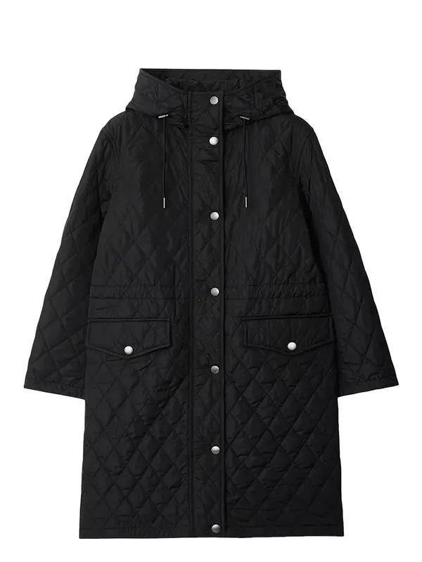 Burberry Hillgate Quilted Long Hooded Jacket - Black