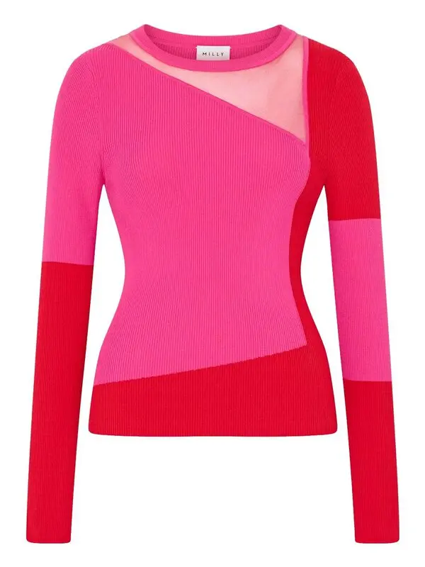 MILLY Shirley Geo Graphic Sheer Knit Long Sleeve Top - Pink