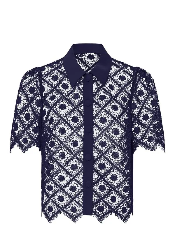 MILLY Addison Tile Lace Top - Navy
