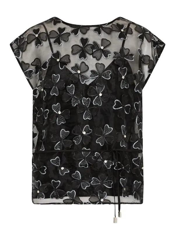 MILLY Ryan Organza Short Sleeve Top - Black