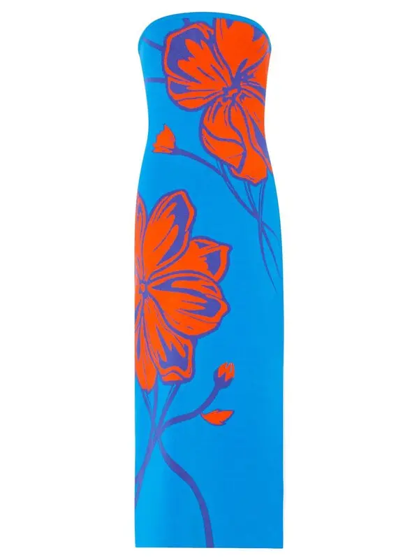 MILLY Seraphina Floral Strapless Midi Dress - Blue