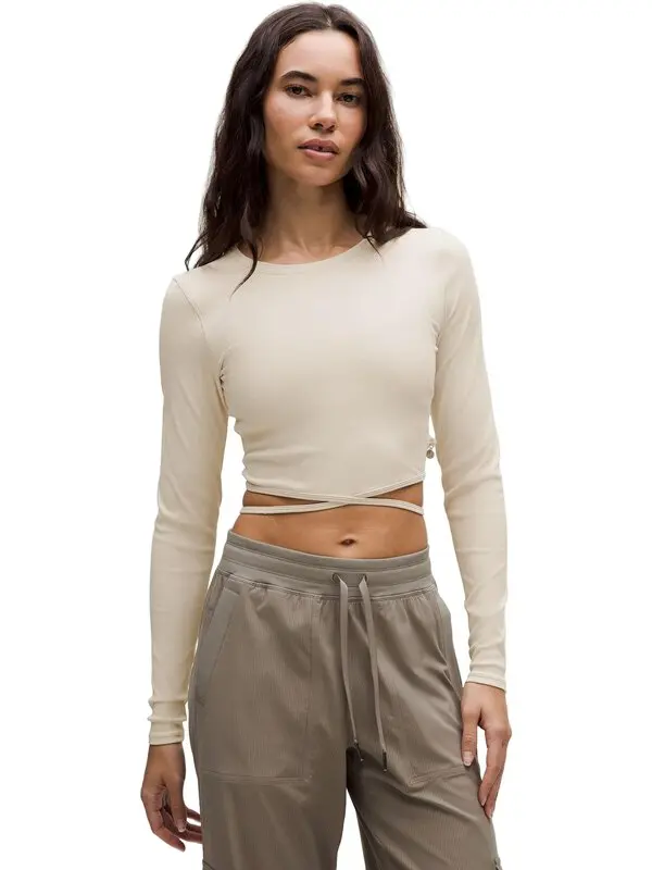 Lululemon Ribbed Waist-tie Long-sleeve Shirt With Logo Charm - Beech White