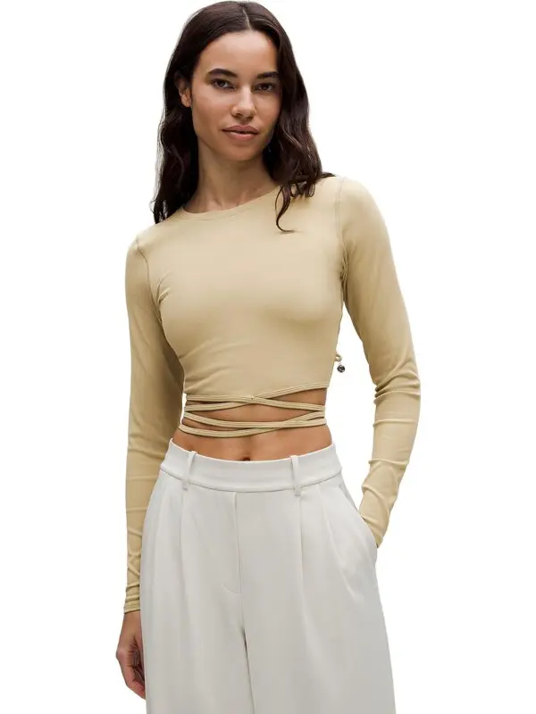 Lululemon Ribbed Waist-tie Long-sleeve Shirt With Logo Charm - Compass Khaki
