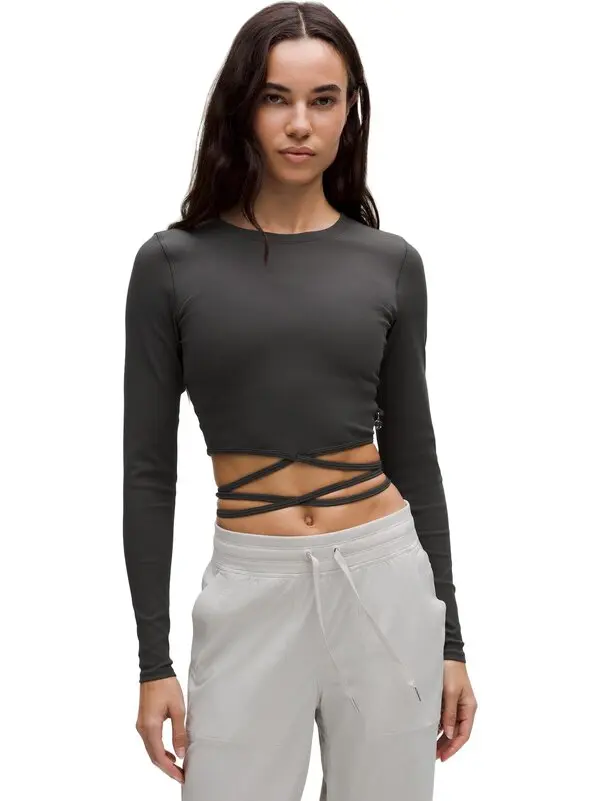 Lululemon Ribbed Waist-tie Long-sleeve Shirt With Logo Charm - Graphite Grey