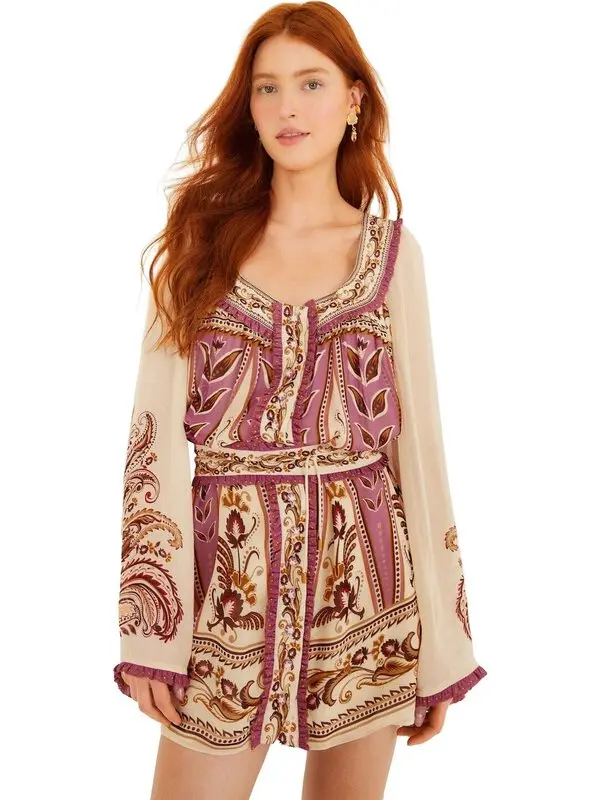 Farm Rio Printed Long Sleeve Belted Mini Dress - Delicate Ainika Sand