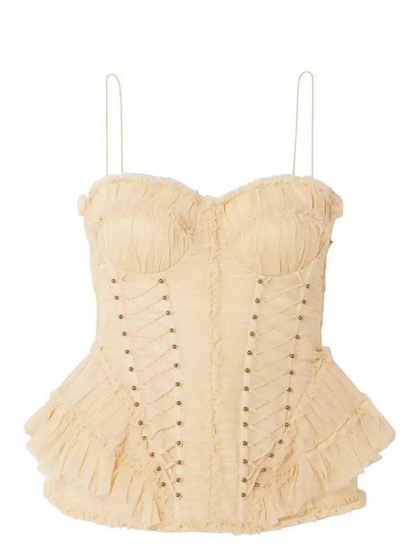 Zimmermann Rebellion Embellished Lace-up Peplum Top - Cream