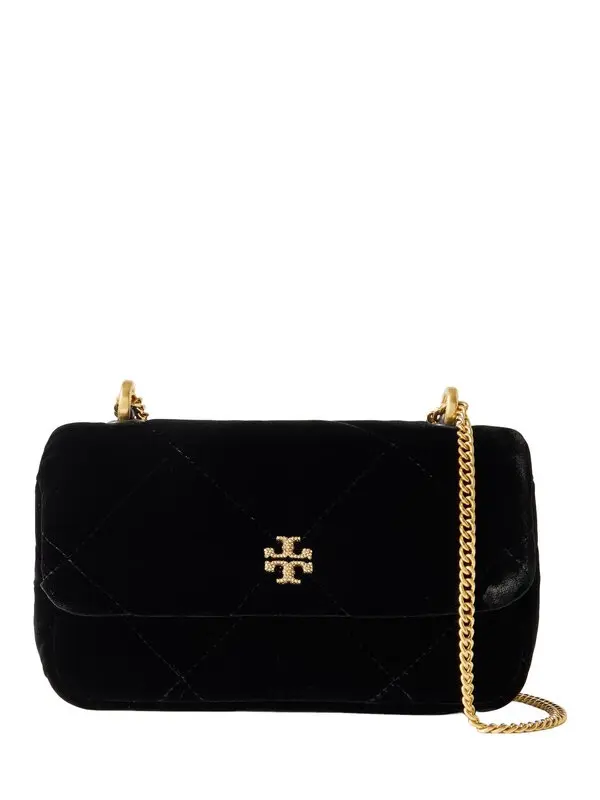 Tory Burch Kira Diamond Embellished Quilted Velvet Shoulder Bag - Black