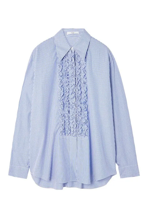 Tibi Striped Cotton-poplin Shirt With Ruffle Detail - Blue