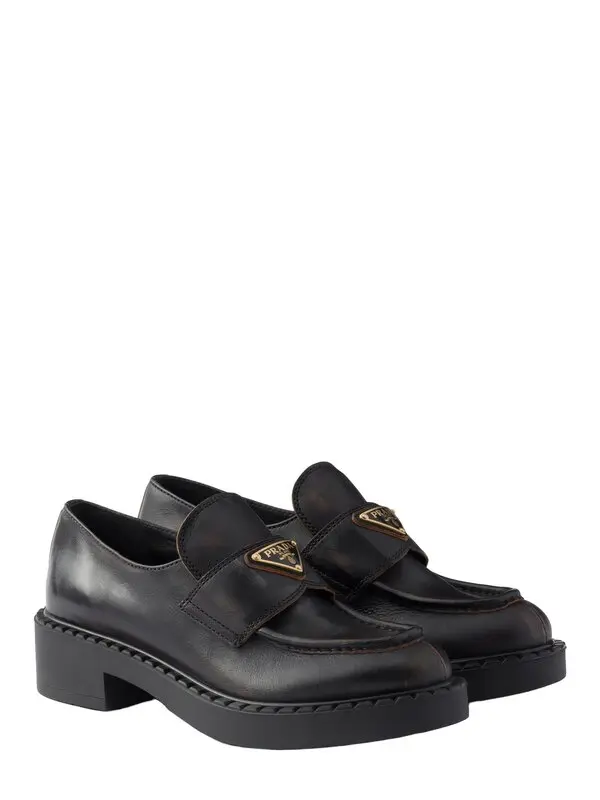 Prada Chocolate Antiqued Leather Loafers - Black