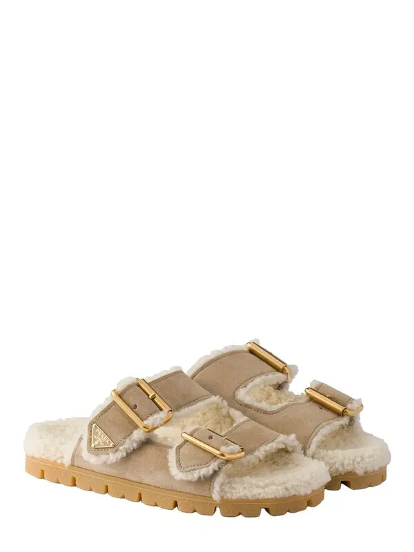 Prada Suede And Shearling Slides - Neutral