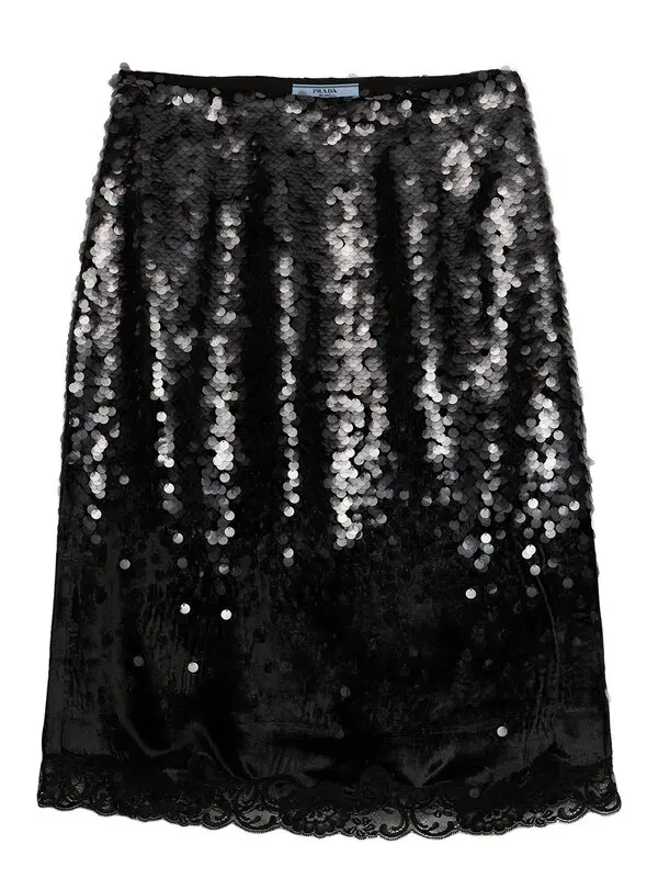 Prada Embroidered Velvet Midi-skirt - Black