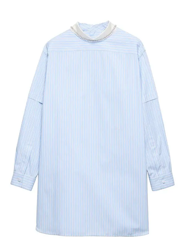 Prada Embroidered Striped Poplin Top - Light Blue