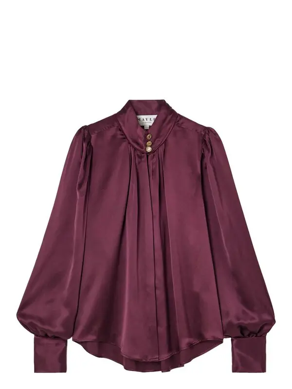 Maison Mayle Val D'isere Gathered Silk-charmeuse Blouse - Burgundy