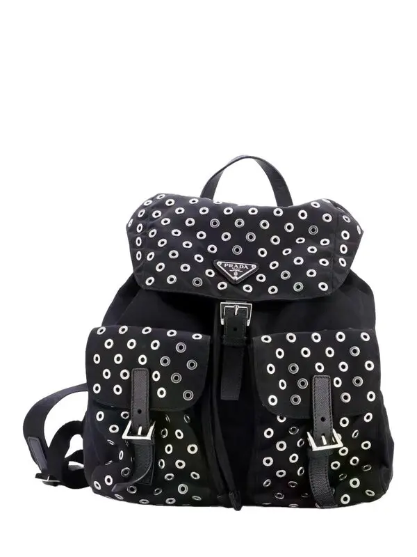 Prada Double Front Pocket Tessuto With Grommet Detail Medium Backpack - Black