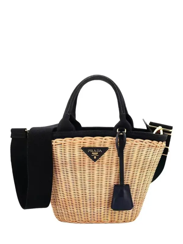 Prada Convertible Basket Bag Wicker With Canvas Small Bucket Bag - Black