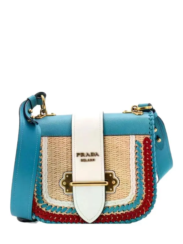 Prada Cahier Rounded Leather And Straw Small Crossbody Bag - Blue