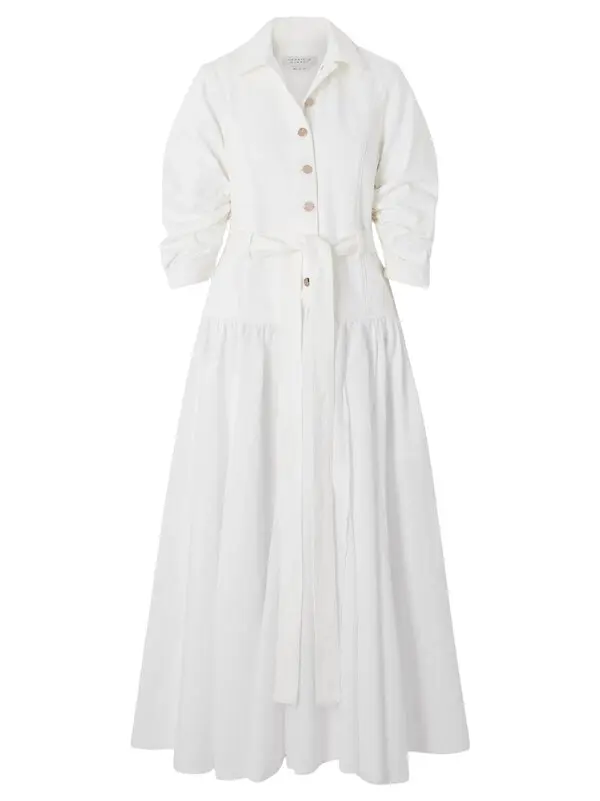 Gabriela Hearst Delyth Belted Frayed Pleated Denim-blend Linen Midi Dress - White