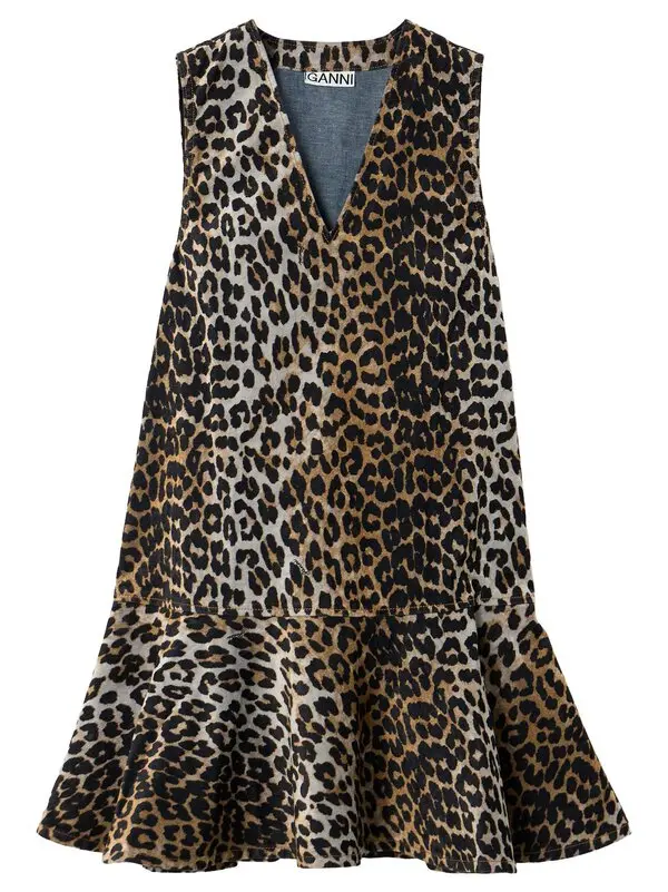 GANNI Ruffled Leopard-print Recycled-denim Mini Dress - Animal Print