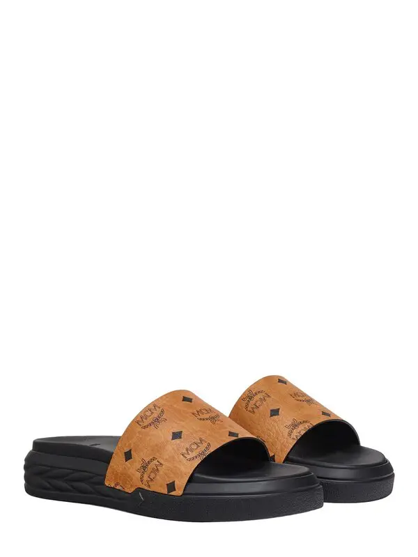 Mcm Visetos Slide Sandals - Cognac
