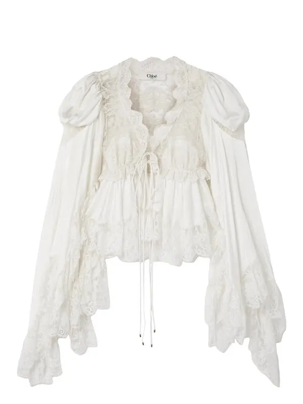Chloé Lace-paneled Silk-satin Blouse - White
