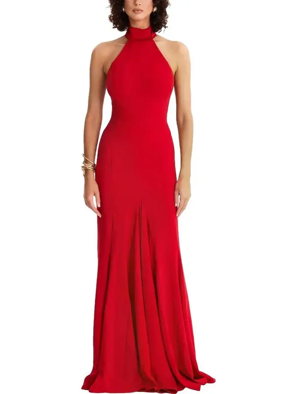 MOOS STUDIO Halterneck Maxi Dress With Bow Detail - Red