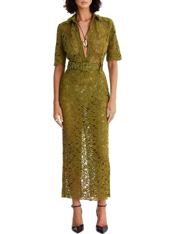MOOS STUDIO Lace Belted Midi Dress - Green