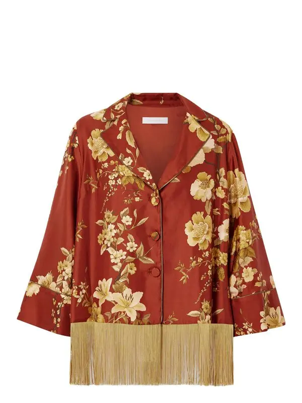 Borgo De Nor Calliope Fringed Floral-print Silk-twill Shirt - Red
