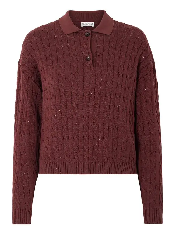 Brunello Cucinelli Sequined Cable-knit Cotton-blend Sweater - Burgundy