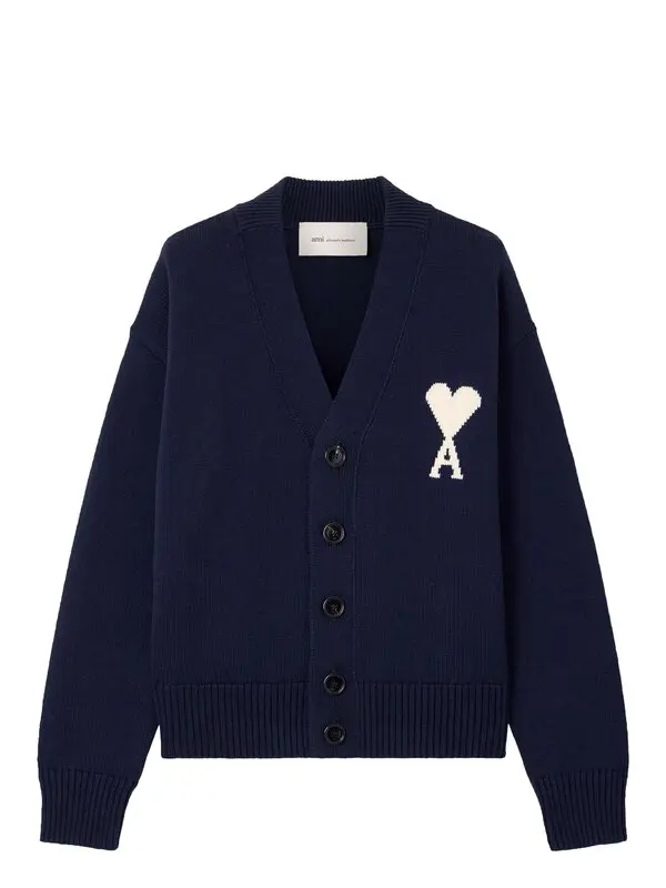 Ami Intarsia-knit Wool And Cotton-blend Cardigan - Navy