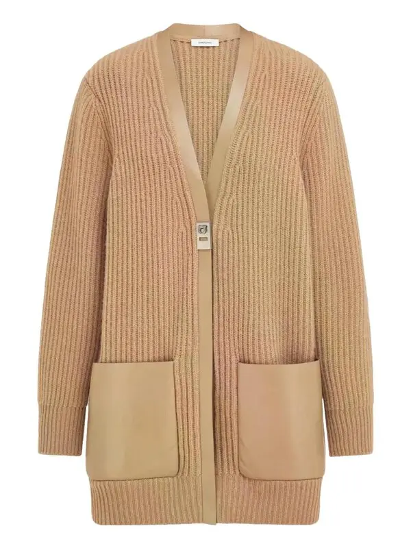 FERRAGAMO Leather-trim Ribbed Cardigan With Buckle - Neutrals